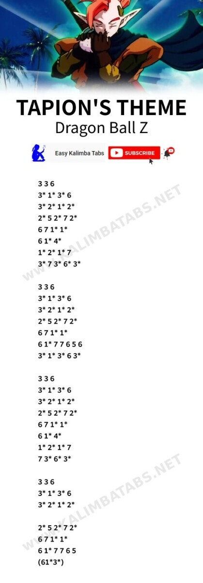Tapion's Music Box Theme - Dragon Ball Z Kalimba Tabs Letter & Number ...