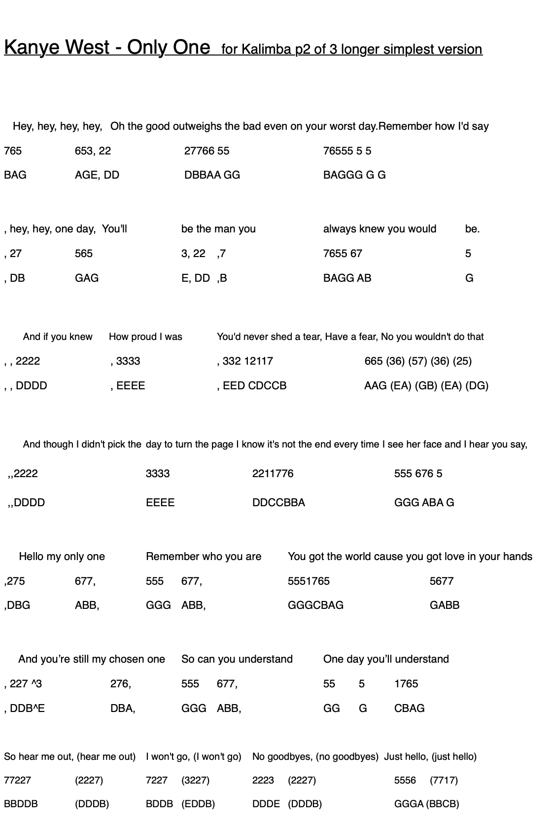 Only One, Kanye West Kalimba Tabs Letter & Number Notes Tutorial ...